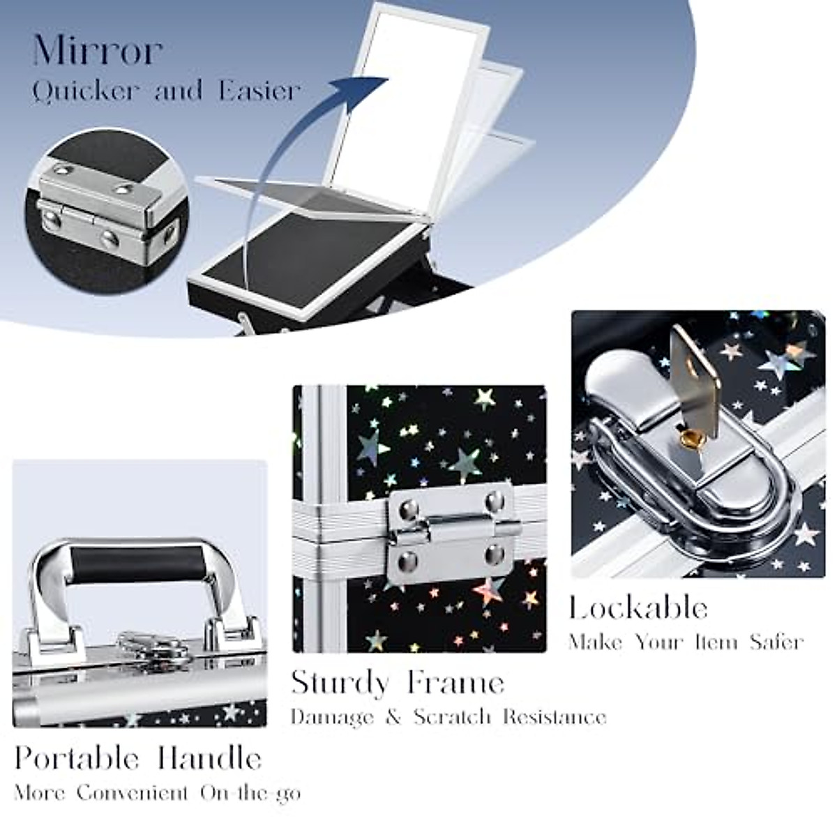 Joligrace Makeup Train Case Portable Cosmetic Box 2 Trays with Mirror Lockable for Makeup Nail Tech and Beauticians Traveling Makeup Storage Organizer - Black Star