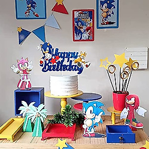 Sonic Happy Birthday Cake Toppers, Hedgehog Birthday Party Cake Decorations Supplies for Boys, Kids, 13pcs