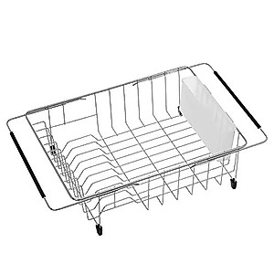 iPEGTOP Expandable Multifunctional Dish Drying Rack, Over The Sink, in Sink Or On Counter Dish Drainer Rack Organizer Shelf with White Utensil Silverware Holder, Rustproof Stainless Steel