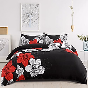 Black Duvet Cover Set King Red Floral Pattern Comforter Cover Boho Lily Floral Duvet Cover with 2 Pillow Cases Lightweight Microfiber Elegant Bedding Duvet Cover Set All Season 90"x 104"