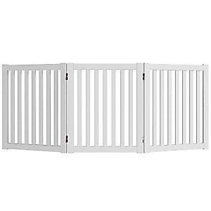 WELLAND Wooden Freestanding Pet Gate, 24 Inch 3 Panel Step Over Fence, Expands Up to 60" Wide, Foldable Indoor Dog Gate Puppy Safety Fence, White