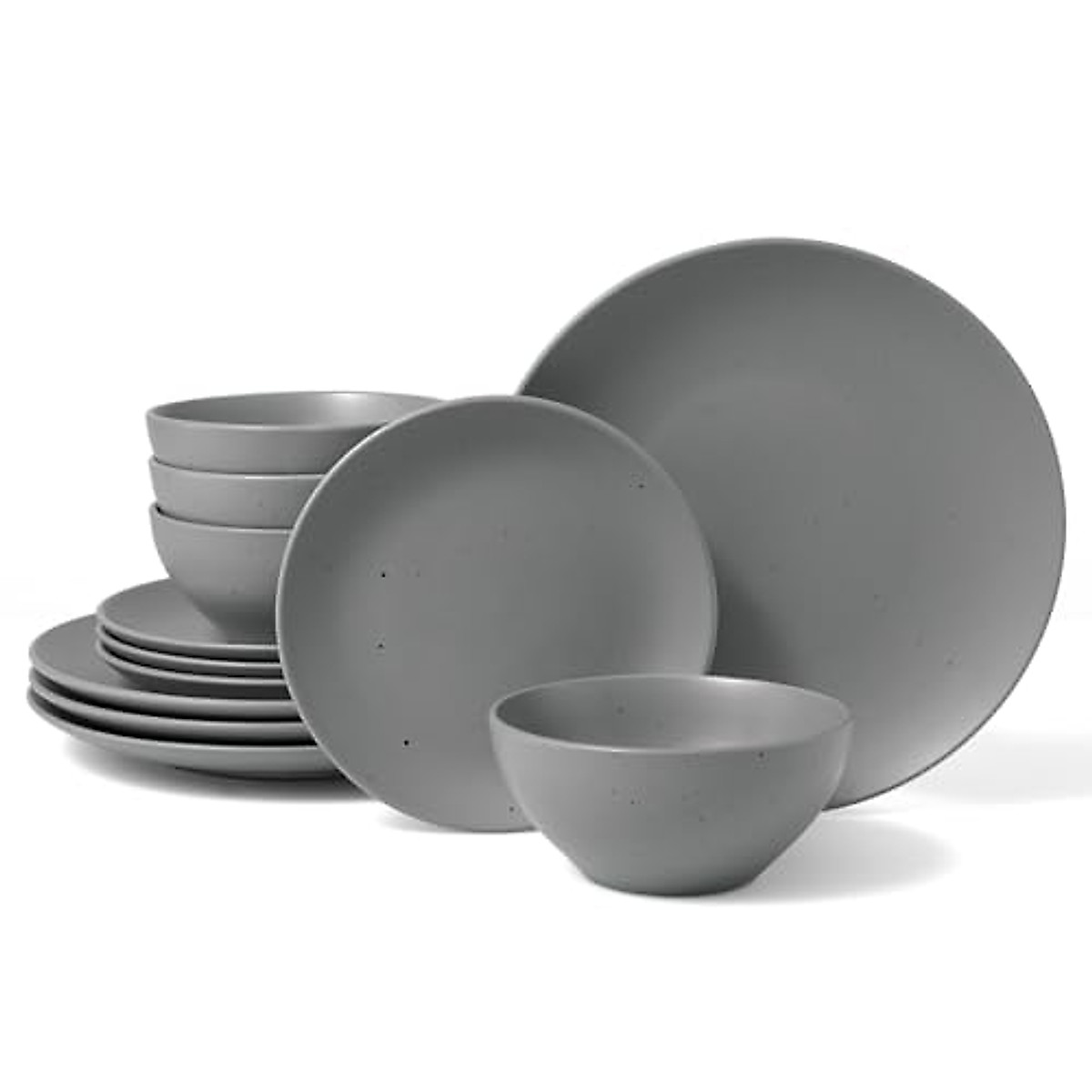 Famiware Moon Dinnerware Sets for 4, 12 Piece Stoneware Plates and Bowls Sets with Speckled Design, Microwave and Dishwasher Safe, Dark Gray