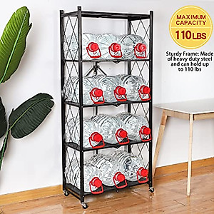 Letusto Foldable Collapsible Shelf with Wheels & Breaks - Folding Shelf Heavy Duty Metal Frame Pantry Shelving Unit - Origami Bookcase - No Assembly Bookshelf (White, 5 Tier)