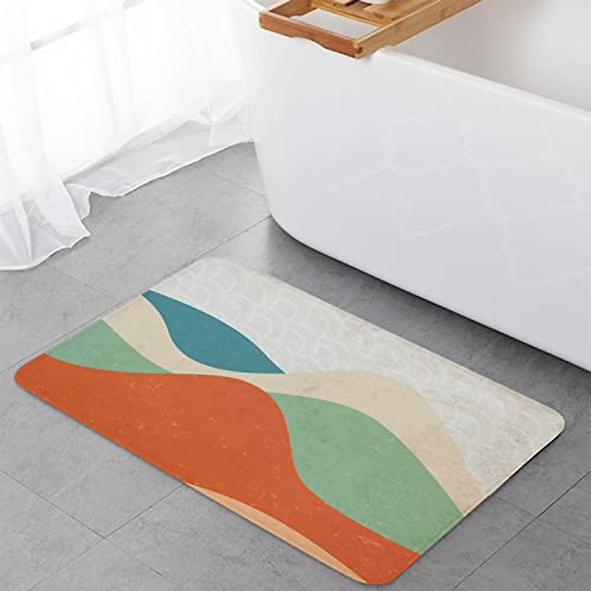 2 Pieces Kitchen Rugs Set Mid Century Modern Boho Orange Geometric Area Rug,Absorbent Bath Mats Soft Doormat Anti Fatigue Floor Mat Minimalist Retro Abstract Art,Non-Slip Cushion Standing Mats