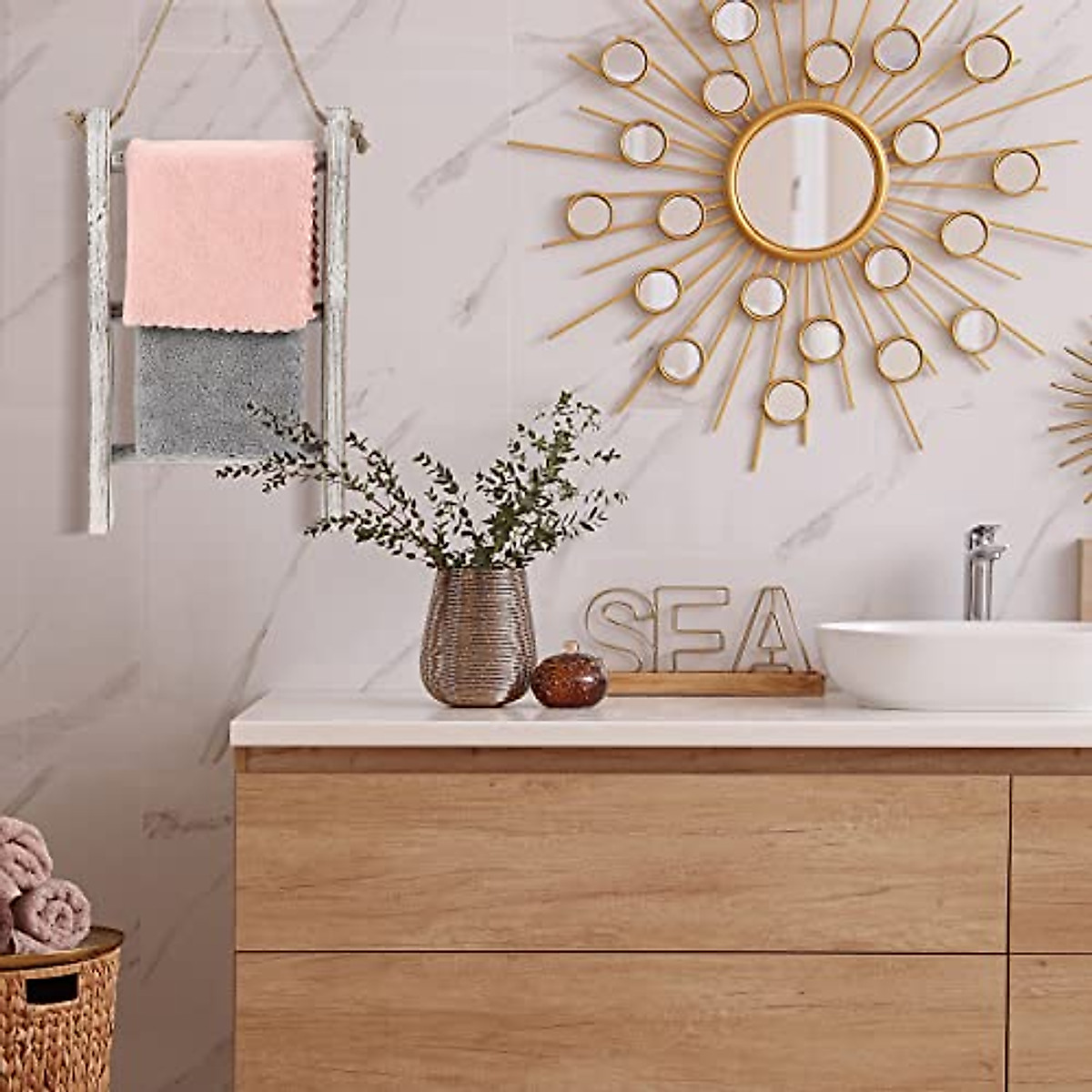 2 Pcs Hand Towel Ladder 3 Tier Wall Hanging Towel Ladder Wooden Farmhouse Towel Stand Mini Tea Towel Ladder Rustic Hand Towel Storage Rack with Top Rope for Whitewashed Towel Ladder