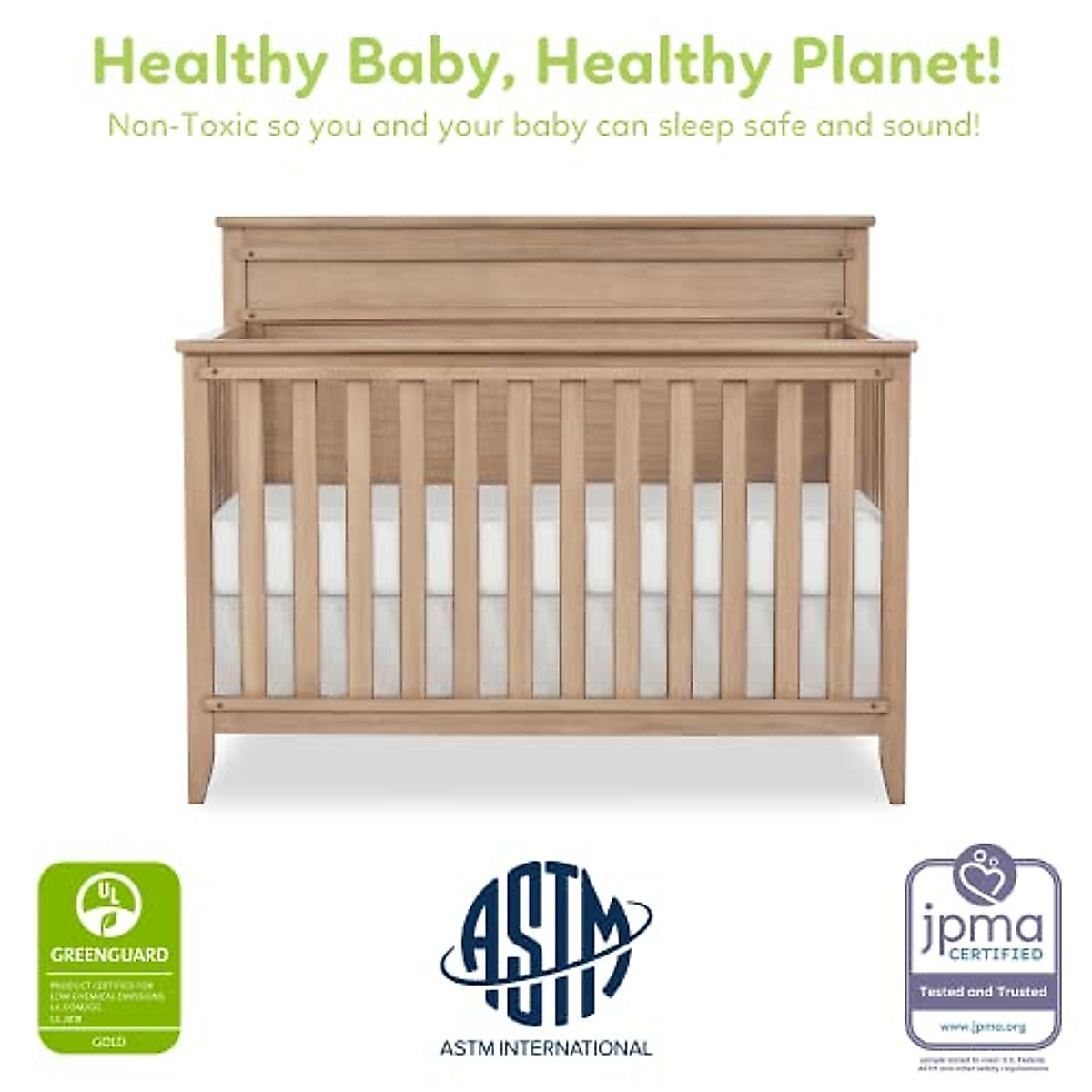 SweetPea Baby Bayfield 5-in-1 Convertible Crib in Sand Dunes, JPMA, and Greenguard Gold Certified, Made of Sustainable New Zealand Pinewood, Sturdy and Durable Crib