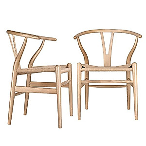 Polynices Wishbone Chair, Weave Modern Solid Wood Mid-Century Y Shaped Backrest Dining Chair (Natural Set of 2)