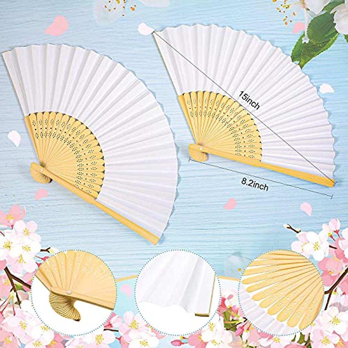 70 Pieces White Paper Hand Fan Bamboo Folding Fan DIY Paper Fan Bamboo Paper Wooden Fan Foldable Wedding Fan for Dancing Photo Props Wall Decoration Wedding Accessories