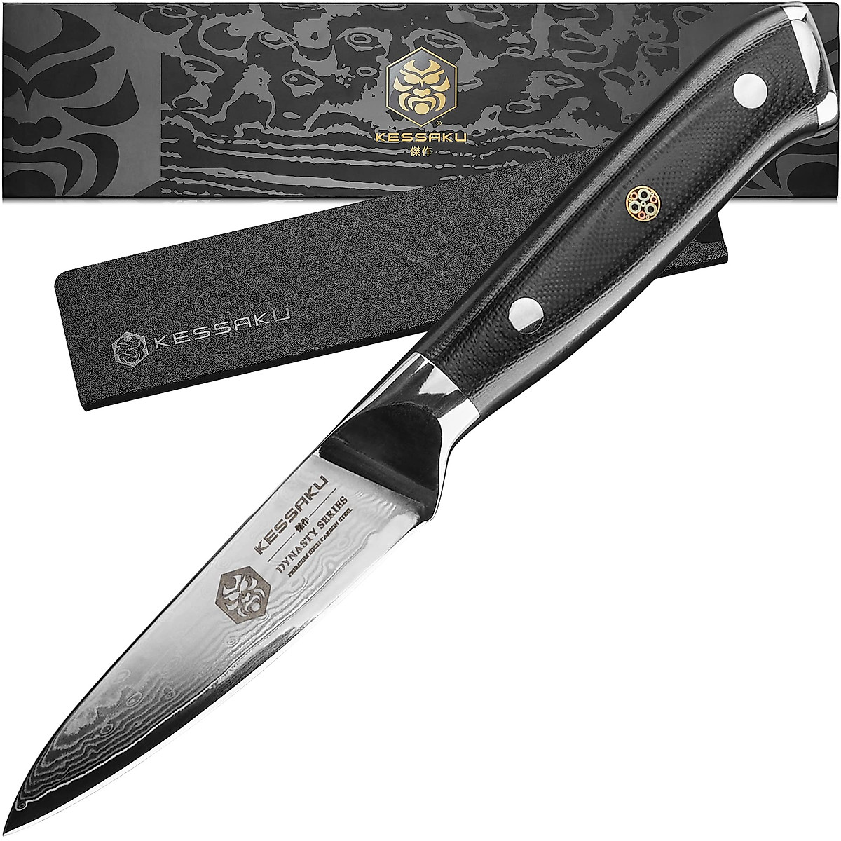 KESSAKU Paring Knife - 3.5 inch - Damascus Dynasty Series - Razor Sharp Kitchen Knife - Forged 67-Layer Japanese AUS-10V High Carbon Stainless Steel - G10 Garolite Handle with Blade Guard