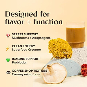 Clevr Blends Instant Coffee Latte Mix, Oat Milk Latte, 100% Arabica Beans Medium Roast Fair Trade, Superfood Creamer Powder, Mushroom Coffee SuperLatte Lion’s Mane, Reishi, Probiotics, Ashwagandha