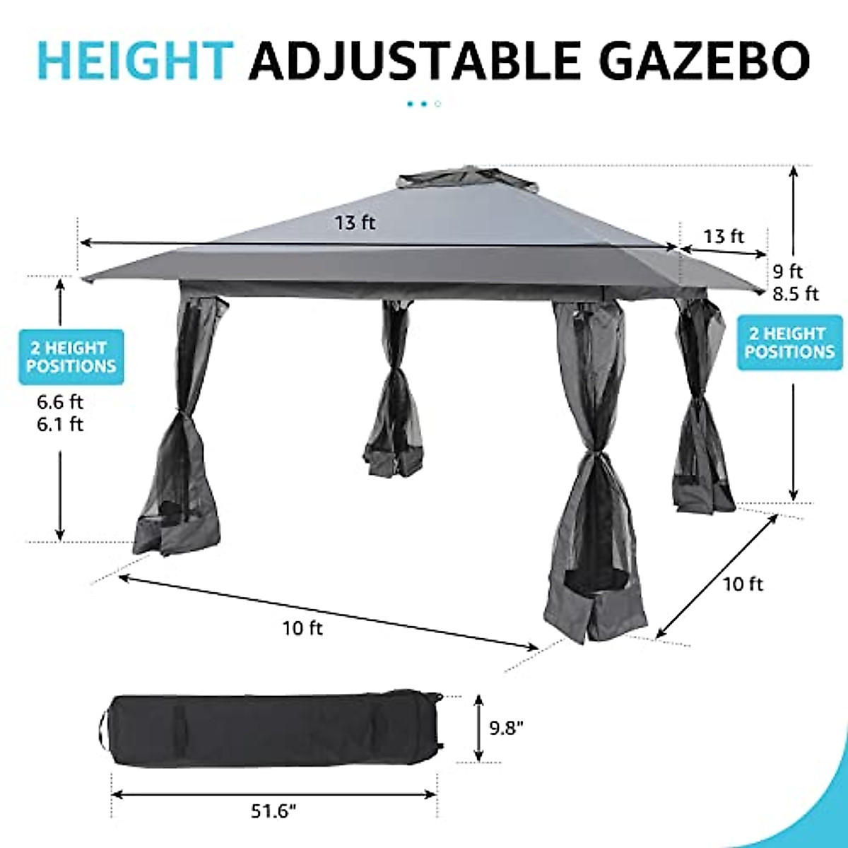 COBANA 13’x13’ Pop Up Gazebo, Outdoor Canopy Tent Shade with Metal Frame Mosquito Netting for Patio, Garden, Lawn, Backyard, Gray