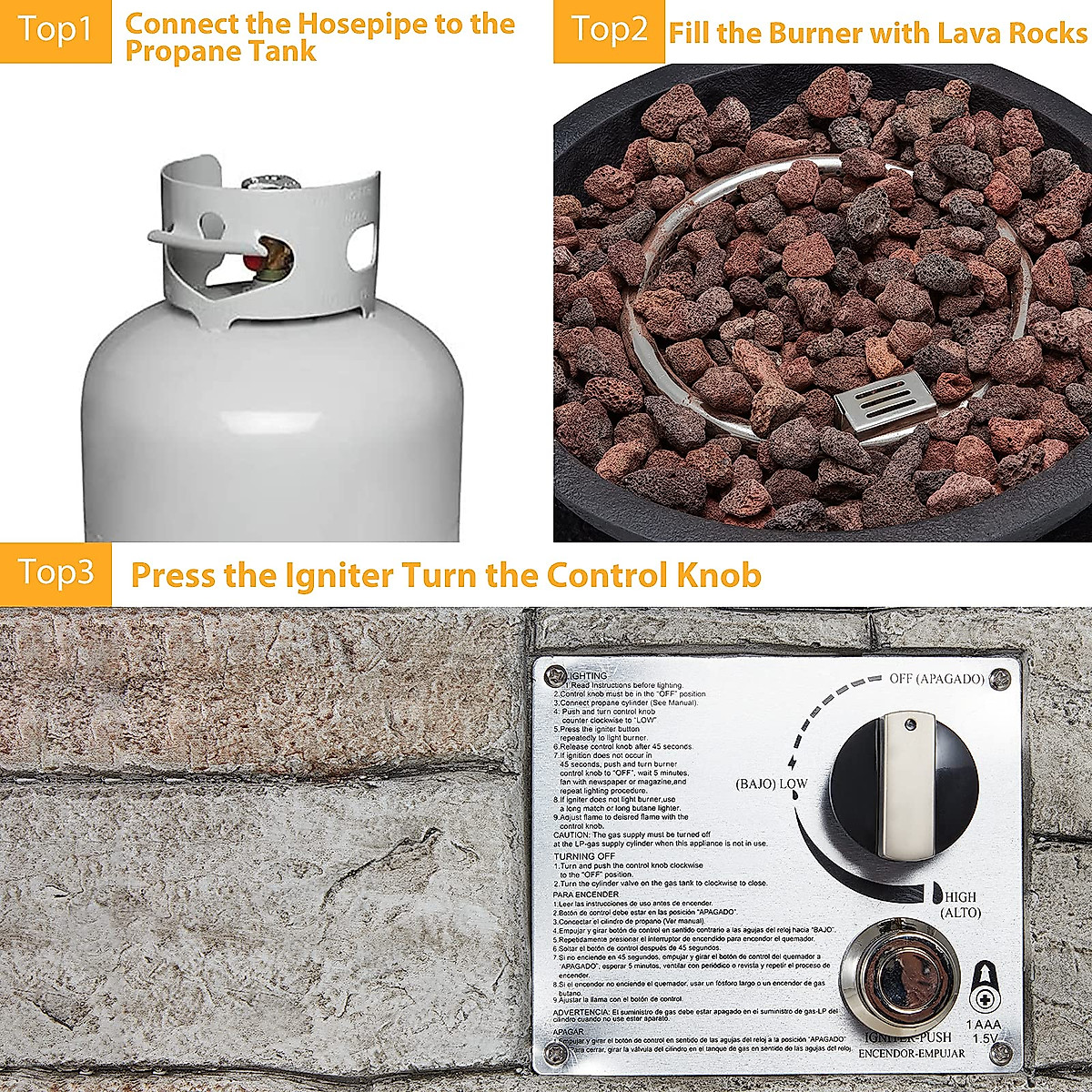 AVAWING Propane Firebowl Column, 40000 BTU Outdoor Gas Fire Pit, Compact Ledgestone Firepit Table with Lava Rocks and Rain Cover