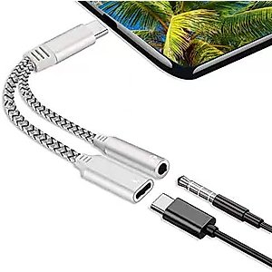HLDInie USB c to 3.5mm Headphones and Charger Adapter, 2-in-1 USB c to Aux Audio Jack High Resolution DAC and Fast Charging Dongle Cable (White)