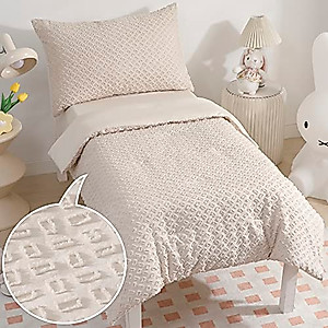 4-Piece Boho Tufted Toddler Bedding Set for Girls Boys Beige Jacquard Tufts Embroidery Bohemian Comforter Set for Kids Bed-in-a-Bag Bed Sheet Set with Comforter, Flat Sheet, Fitted Sheet, Pillowcase