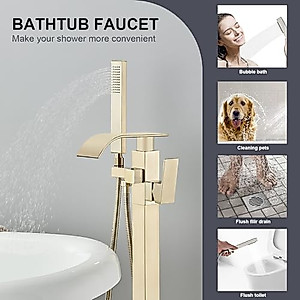 Senlesen Freestanding Bathtub Faucets Floor Mounted Tub Filler Faucet with Handshower Brushed Gold
