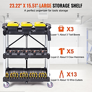 VEVOR Foldable Utility Service Cart, 3 Shelf 165LBS Heavy Duty Plastic Rolling Cart with 360° Swivel Wheels (2 with Brakes), Ergonomic Handle, Portable Garage Tool Cart for Warehouse Office Home