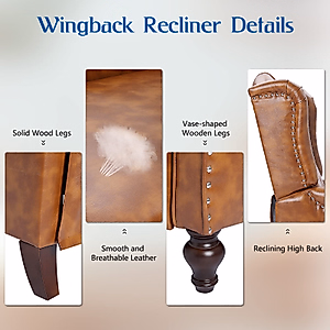 Consofa Wingback Recliner Chair with Heat and Massage, PU Leather Push Back Recliner Chair for Living Room, Vintage Wingback Recliner with Remote Control,Padded Cushion,Backrest,Wooden Legs