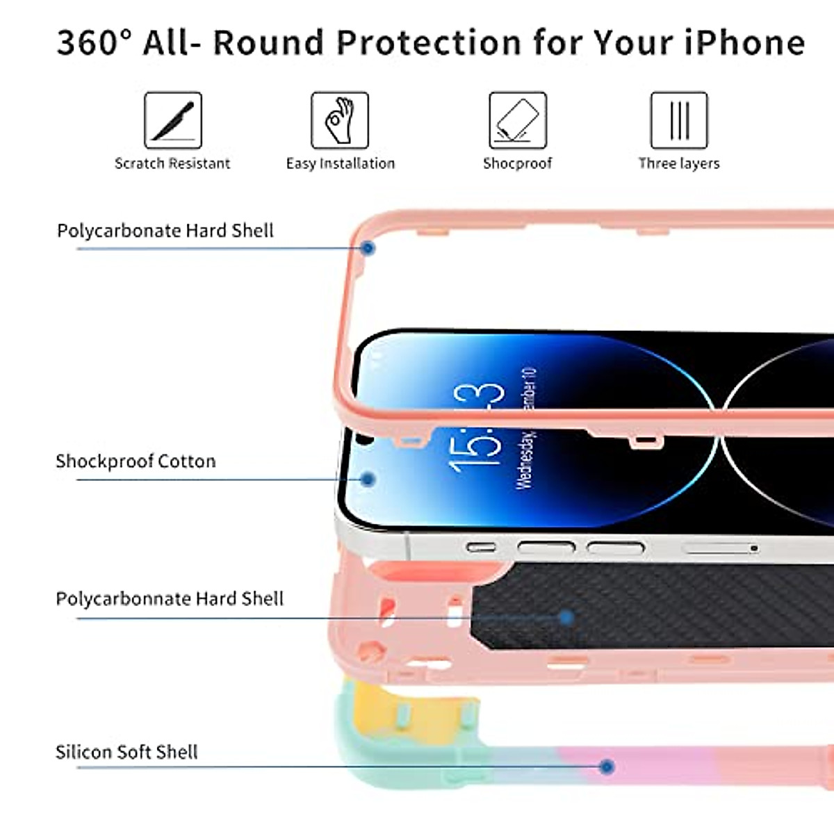 MARKILL Compatible with iPhone 14 Pro Case 6.1 Inch with Built-in Ring Stand, Military Grade Drop Protection Full Body Rugged Heavy Duty Case 3 in 1 Protective Durable Cover. (Rainbow Pink)