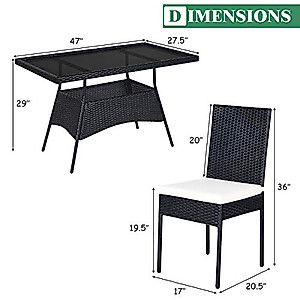 Tangkula 5 Piece Wicker Patio Dining Set, Outdoor Rattan Table & Chairs Set with Tempered Glass Top & Padded Cushions, Patio Furniture Dining Table Set for Balcony Patio Garden Poolside