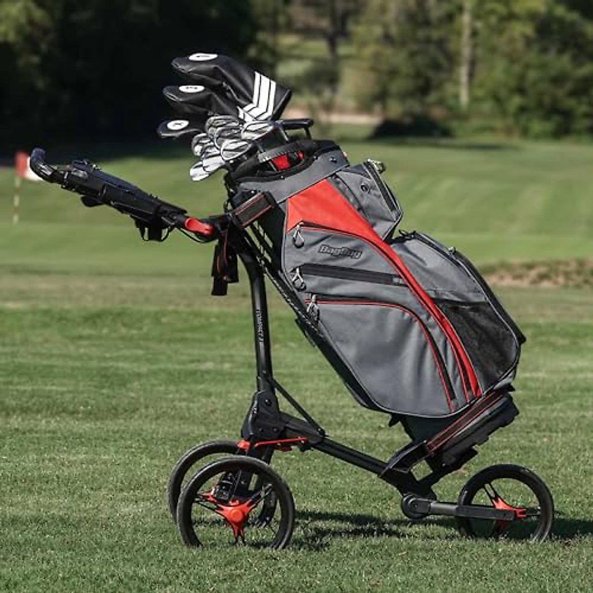 Bag Boy Compact 3 Golf Push Cart, Easy Three-Step Open & Close, Scorecard Console, Beverage Holder, Mobile Device Holder, Handle Mounted Parking Brake