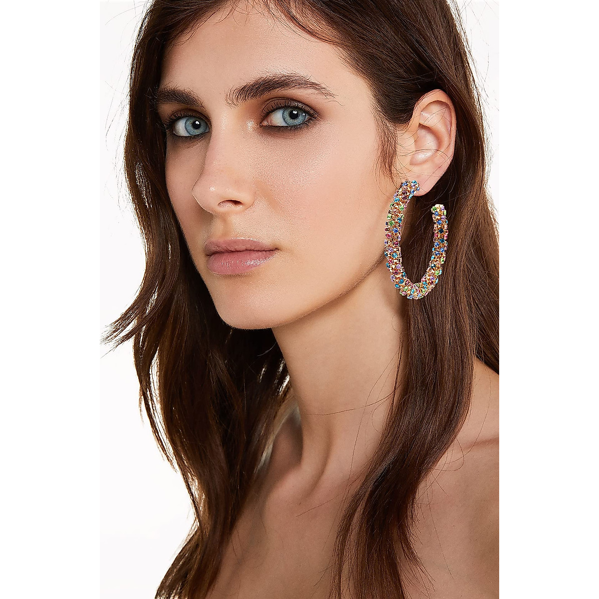 Fashion Rhinestone Hoop Earring Women's Gold Plated Crystal Hoop Earring Bohemian Colorful Rainbow Crystal Wrapped Hoop Dangle Earrings for Women Valentine's Day Gifts