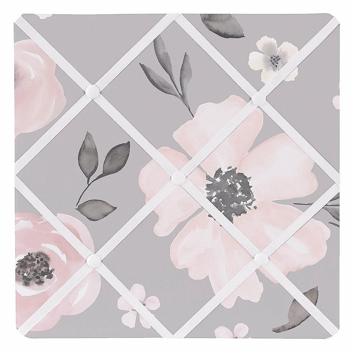 Sweet Jojo Designs Grey Watercolor Floral Fabric Memory Memo Photo Bulletin Board - Blush Pink Gray and White Shabby Chic Rose Flower Farmhouse