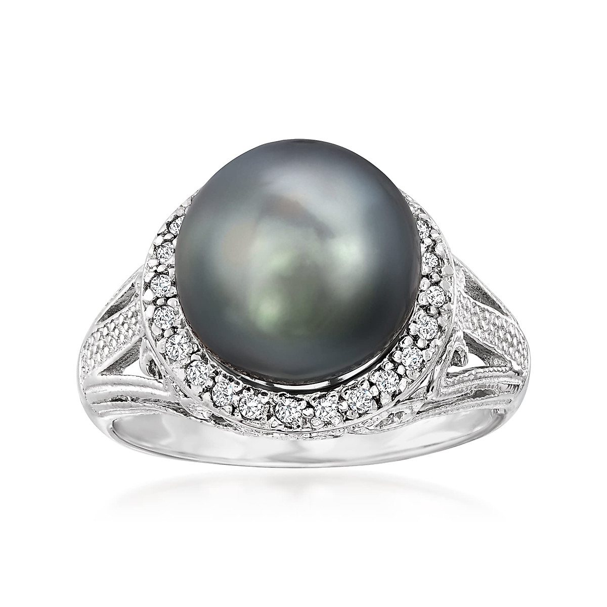 Ross-Simons 11-12mm Black Cultured Tahitian Pearl Ring With .20 ct. t.w. White Topaz in Sterling Silver. Size 6