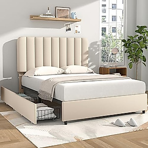 VECELO Queen Size Bed Frame with Ajustable Headboard and 4 Storage Drawers, Velvet Heavy Duty Platform Beds with Strong Wood Slats Support, No Box Spring Needed, Beige