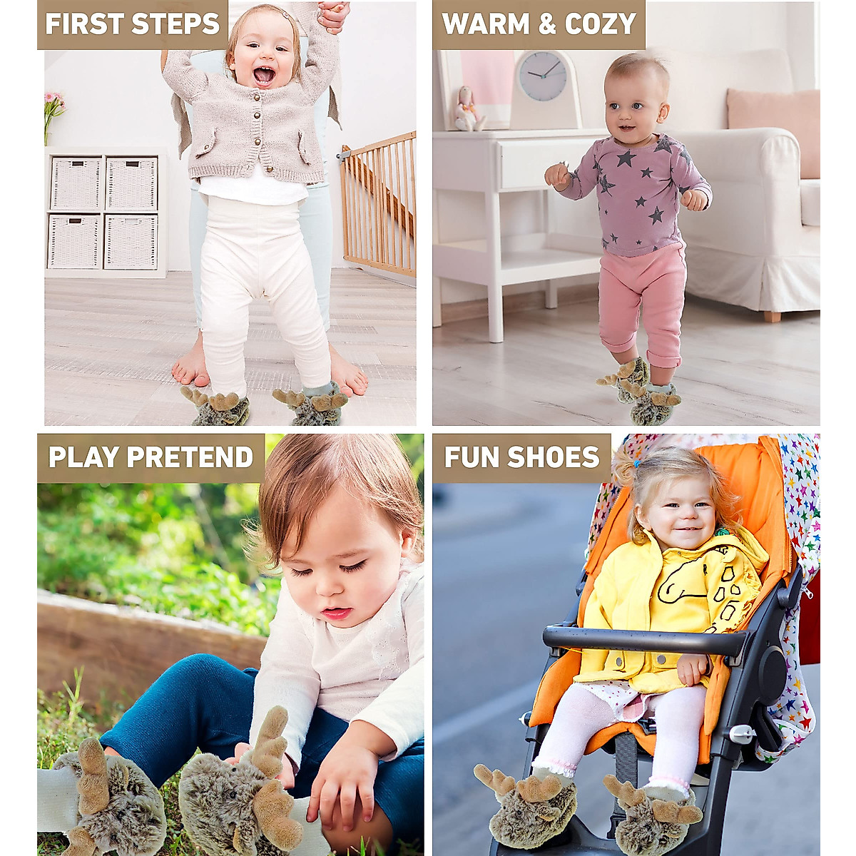 DolliBu Brown Moose Soft Plush Baby Shoes - Soft & Fluffy Wild Life Fleece Unisex Footwear with Stuffed Animal Moose for Baby Boy or Girl - Fuzzy Indoor Slipper, Winter Foot Warmer - One Size