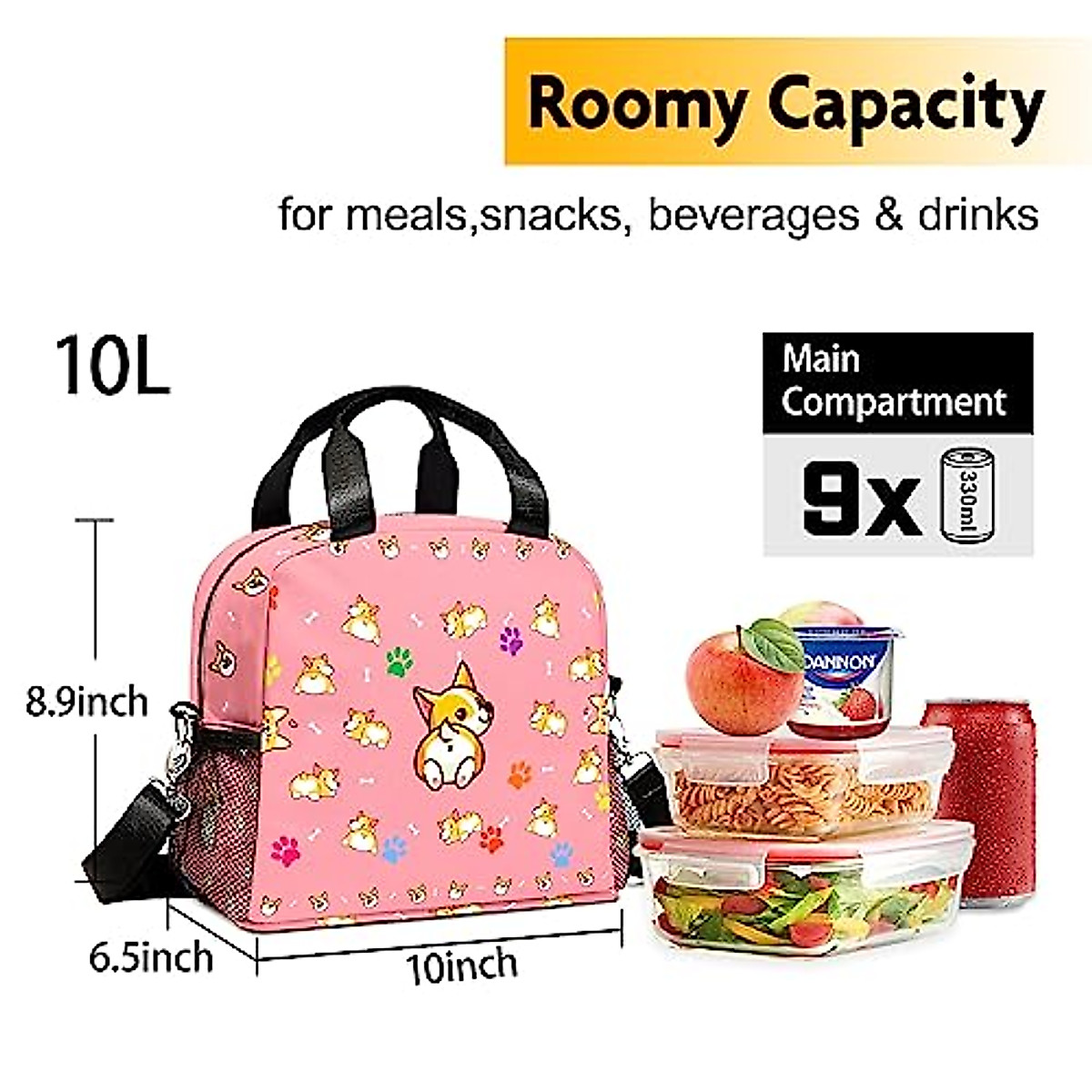 IVENHLYS Pink Dog Lunch Bag, Cute Corgi Insulated Lunch Box with Removable Adjustable Shoulder Strap and Side Pocket, Meal Tote Bag for Kid School Picnic Ideal Gift………