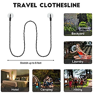 2 Pieces Travel Clothesline Portable Retractable Clothesline with Hooks and Suction Cups Camping Accessories Cruise Essentials for Outdoor and Indoor Use (Black)