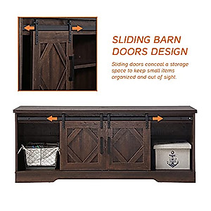 WAMPAT Farmhouse TV Stand Modern Sliding Barn Door Entertainment Center for TVs Up to 65 inch, Wood TV Media Console Table Cabinet Storage for Living Room, Rustic Brown