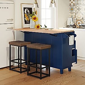 CKLMMC Farmhouse Kitchen Island Set with 2 Stools and Drop Leaf Dining Table with Storage Cabinet, Drawers and Towel Rack for Small Place (Blue+Black+Brown*)