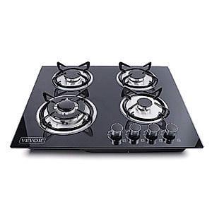 23.3 inches Built in Gas Cooktop 4 Burners Gas Stove Glass Cooktop Tempered Gas Hob With Liquid Propane Conversion Kit Stove Burner Cast Iron Grate Stove-Top LPG/NG Dual Fuel Thermocouple Protection