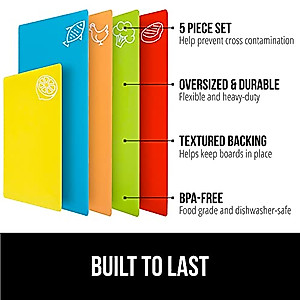 Gorilla Grip Cutting Boards for Kitchen, Set of 5 Durable Mats with Food Icons, Flexible Dishwasher Safe Plastic, Slip Resistant BPA Free Large Mat for Meat, Fish, Vegetables, Chopping Board, Multi