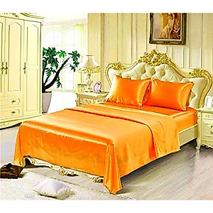 Cotton Home Depot Ultra Soft Silky Satin 4 Piece Sheet Set ( Flat Sheet + Fitted Sheet 17" Deep Pocket + 2 Pillow Cases ) Orange Queen