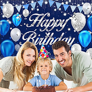 MDCGFOD Happy Birthday Banner - Birthday Decorations for Men Women Boys Girls Blue Sliver Birthday Party Banners Welcome Happy Birthday Background Sign Birthday Theme Party Decorations Indoor Outdoor
