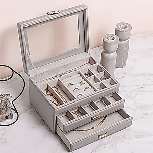 Vlando Jewelry Box Organizer, Leather Jewelry Display Case, 2 Jewelry Tray Drawer Storage for Necklaces, Earrings and Rings, Grey