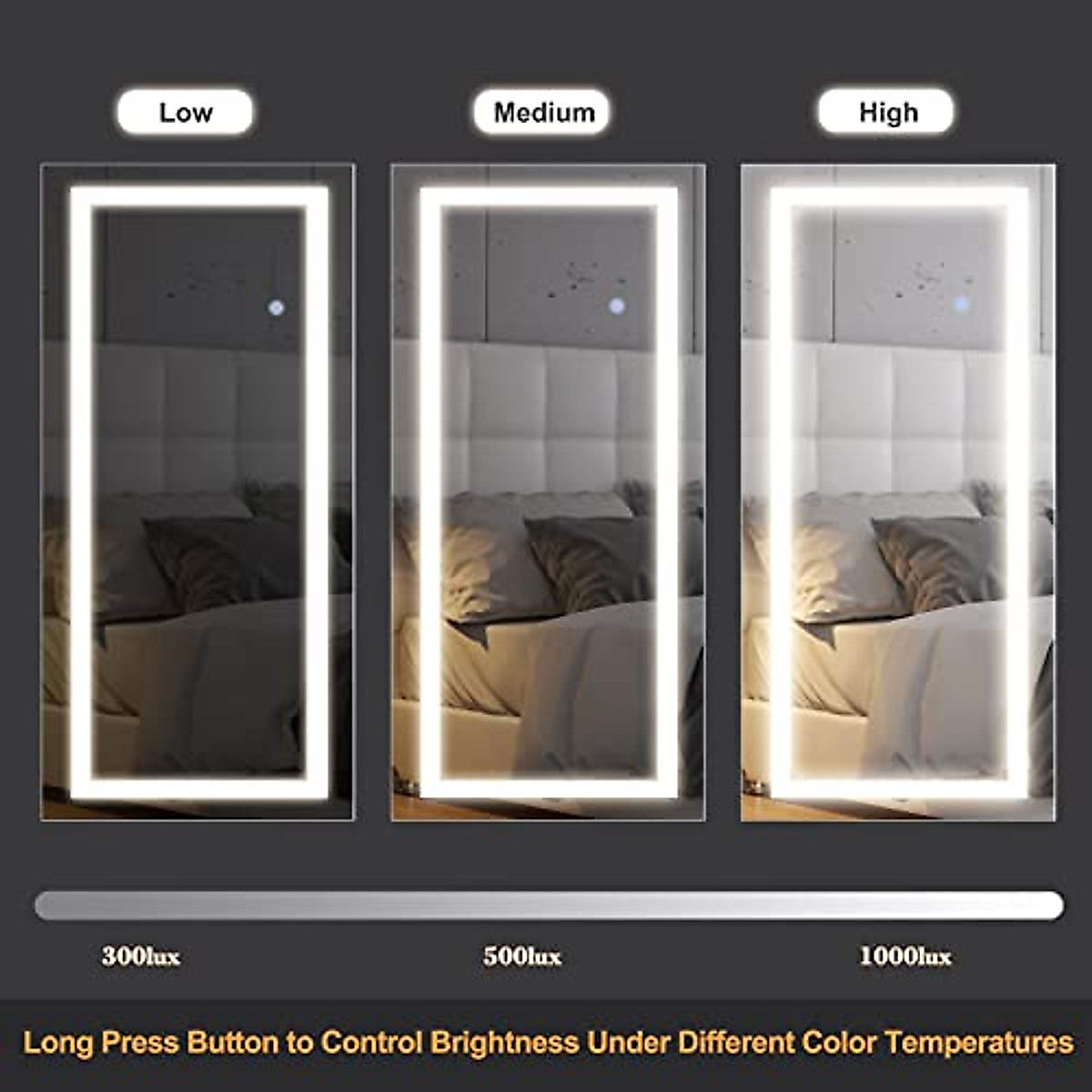 QiMH Vertical 47x22 Inch Wall Mounted LED Lighted Vanity Mirror with Aluminum Frame Backlit, 3 Colors Dimmable Light, Bedroom and Bathroom Hanging Rectangle Whole Body Mirror