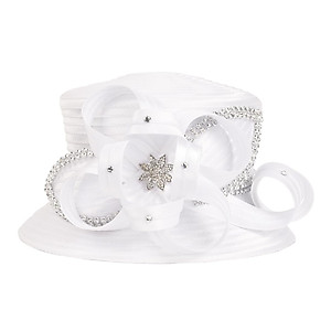 Church Dress Hat for Women Kentucky Derby Tea Party Wedding Hats with Rhinestone(Z-White)