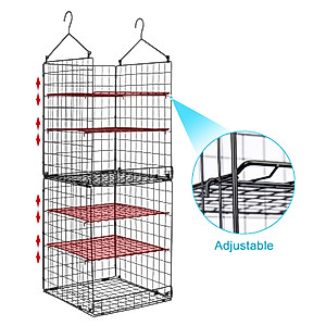 Yuyetuyo 6 Tier Hanging Closet Organizer Foldable Hanging Clothes Shelves with Adjustable Dividers, Closet Shelf Organizer for Clothing Sweaters Socks Dolls Handbags, Separable, Black