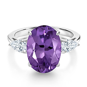 Gem Stone King 7.80 Cttw 925 Sterling Silver Oval Purple Amethyst and White Moissanite 3-Stone Ring For Women | Gemstone Birthstone | Available In Size 5, 6, 7, 8, 9