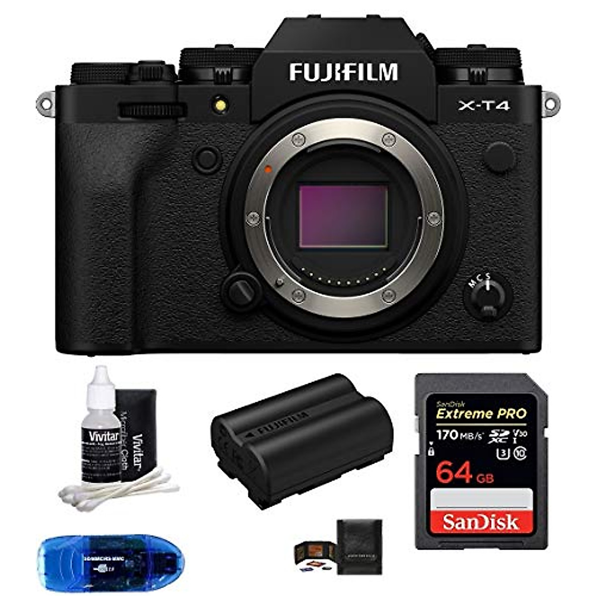Fujifilm X-T4 Mirrorless Digital Camera Body (Black) Bundle, Includes: SanDisk 64GB Extreme PRO SDXC Memory Card, Spare Fujifilm NP-W235 Battery + More (6 Items)