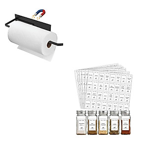 Magnetic Paper Towel Holder for Fridge, Toilet Paper Roll Holder Magnetic Paper Towel Rack Wall Mount and 192 Label Stickers Spice Labels for Food Containers, Waterproof Labels for Jars