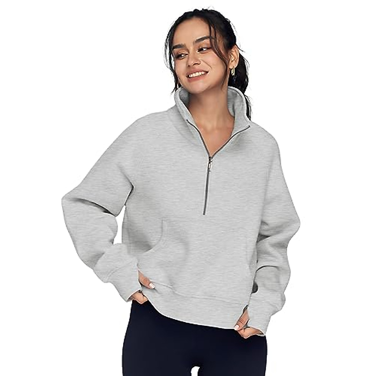AUTOMET Womens Cropped Sweatshirts Quarter Zip Pullover Half Zipper Oversized Hoodies 2023 Fall Fashion Outfits Clothes Thumb Hole Grey