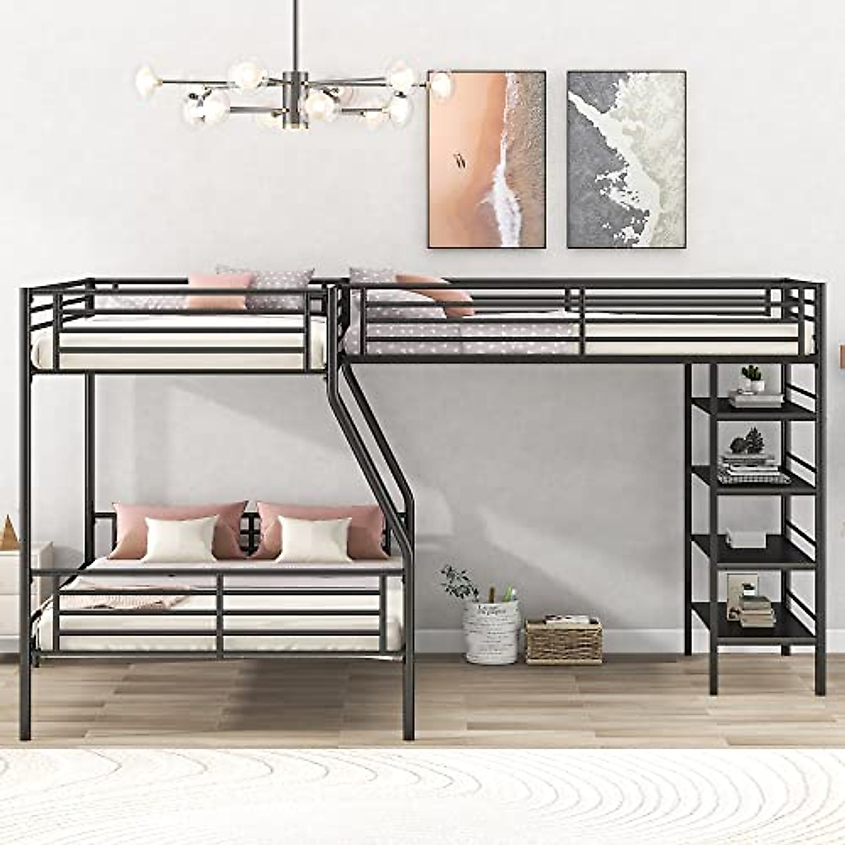 FIQHOME Metal L-Shaped Bunk Bed,Triple Bunk Beds for Three,L-Shaped Metal Twin Over Full Bunk Bed and Twin Size Loft Bed with Four Built-in Shelves, for Three Kids Teens Boys Girls, Black
