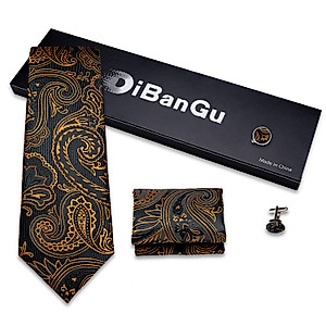 DiBanGu Mens Tie Set Silk Solid Paisley Necktie and Pocket Square Cufflinks Classic Formal Ties for Men Wedding Party, Black and Gold