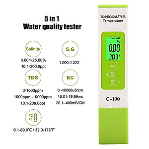 Water TDS Meter，5 in 1 TDS, EC, Salinity,Temperature Meter, Specific Gravity of Sea Water Accurate & Reliable ppm Meter,Digital Water Tester for Drinking Water, Aquariums, Swimming Pool, Hydroponic S