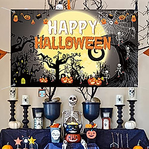 Famoby Happy Halloween Theme Fabric Sign Poster Banner Backdrop Metallic Shiny Latex Balloons for Birthday Photo Booth Background Party Decorations Supplies