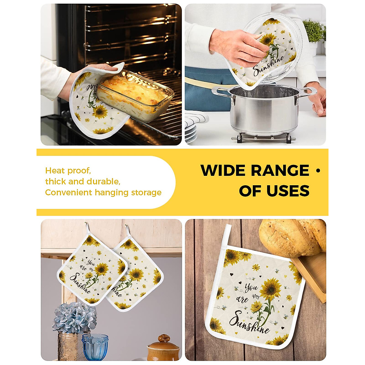 2 Pack Pot Holders Heat Insulation Potholder, Sunflower Hot Pads Multipurpose Oven Pads Terry Cloth Potholders for Kitchen Cooking Baking Dining Table Summer Sunshine Floral and Bees